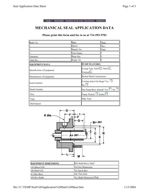 Seal Application Data Form - Mechanical Seals and Industrial Supply