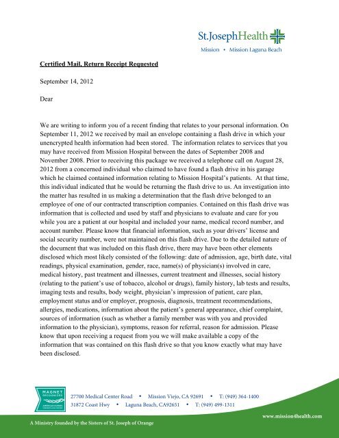 Certified Mail, Return Receipt Requested ... - Mission Hospital