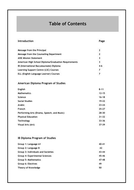 Table of Contents - American International School of Egypt