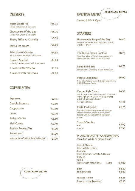 evening menu starters desserts coffee & tea - Castlecourt Hotel