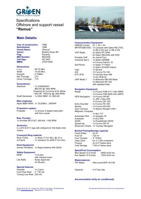 Vessel Specs Remusx - Rederij Groen