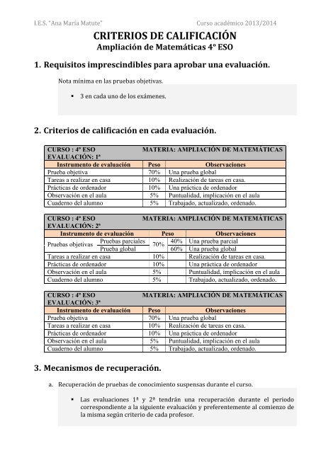 2 Criterios De Calificación En Cada Evaluación Ies Ana María Matute