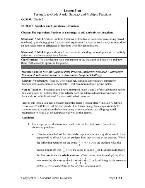 Lesson Plan Testing Lab Grade 5 Add Subtract And Multiply Fractions