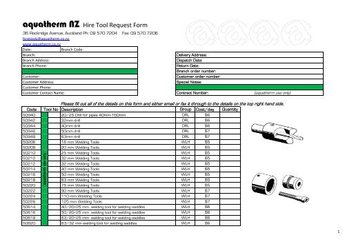 Hire Tool Request Form 2013 - Aquatherm