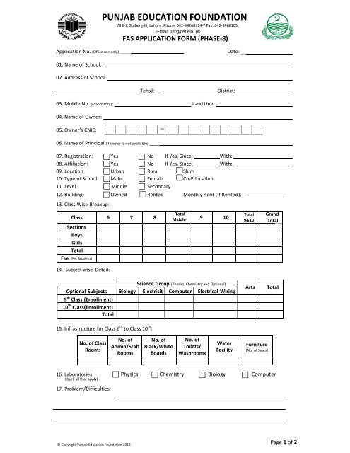FAS Application Form for Phase 7 - Punjab Education Foundation