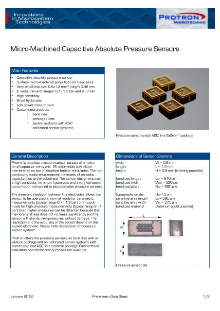 Micro-Machined Capacitive Absolute Pressure Sensors - Protron ...
