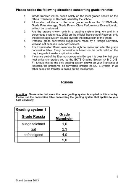 1 Russia Grading system 1 Grade Russia Grade Mannheim ... - BWL