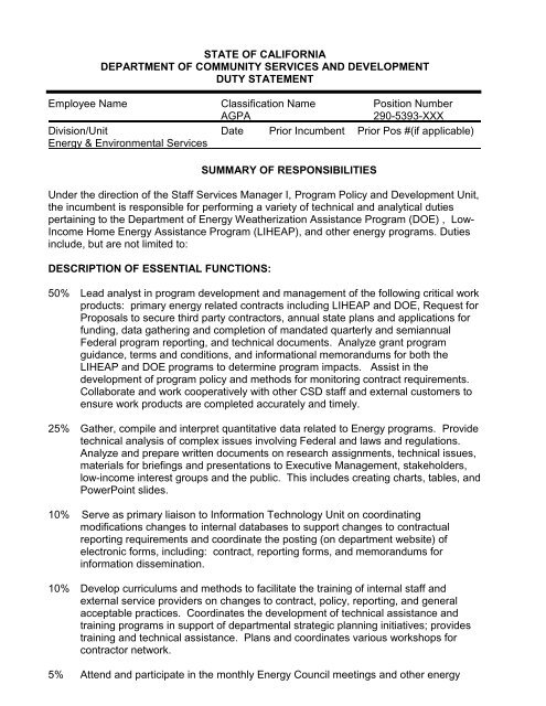 Duty Statement - CSD - State of California