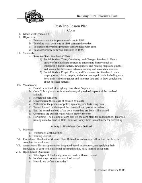 Corn Lesson Plan (grades 3-5) - Cracker Country