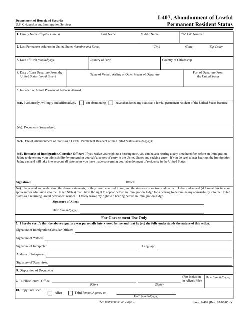 Form I-407 (Abandonment of Lawful Permanent Resident Status)