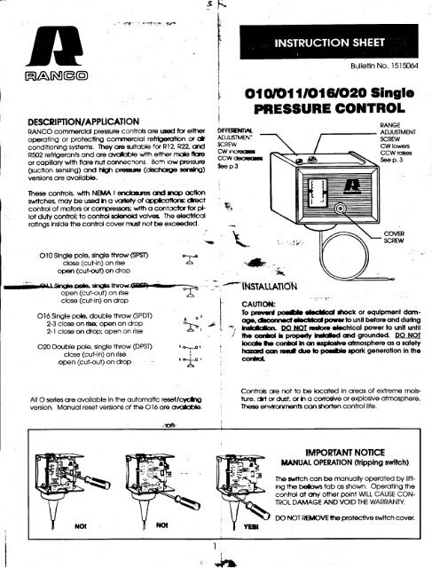O Series Single Pressure Control Instruction Sheet - ETC Supply