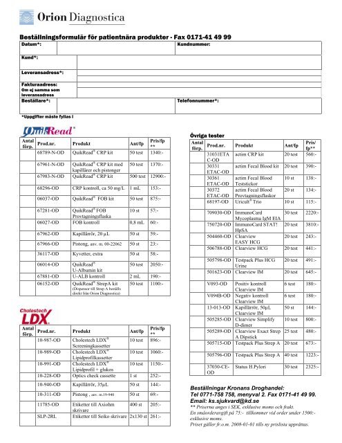 Beställningsformulär för patientnära produkter - Orion Diagnostica
