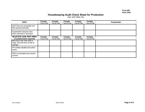 Housekeeping Audit Check Sheet for Production