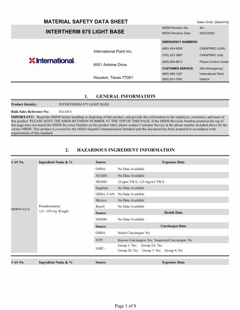 material safety data sheet intertherm 875 light base - datasheets ...