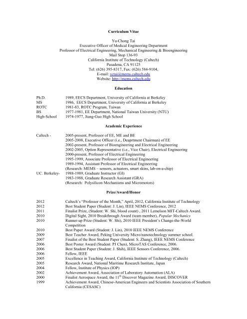 Yu-Chong Tai, Ph.D. - Caltech Micromachining Laboratory