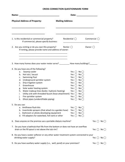 CROSS CONNECTION QUESTIONNAIRE FORM Name: Date - Kittitas