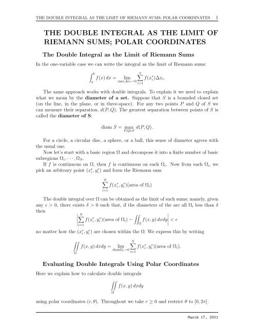 THE DOUBLE INTEGRAL AS THE LIMIT OF RIEMANN SUMS ...