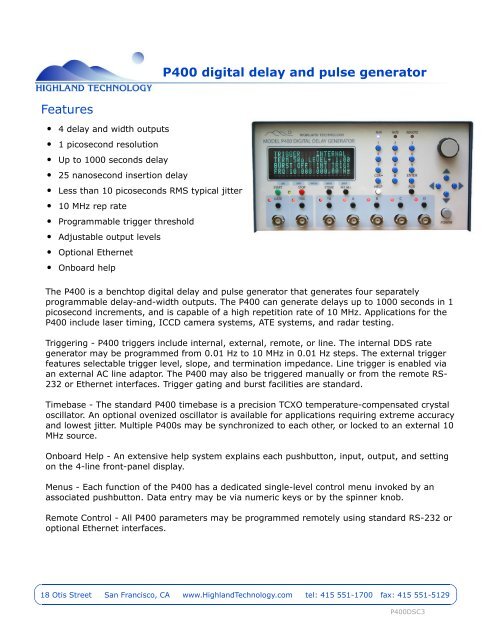 P400 digital delay and pulse generator - Highland Technology