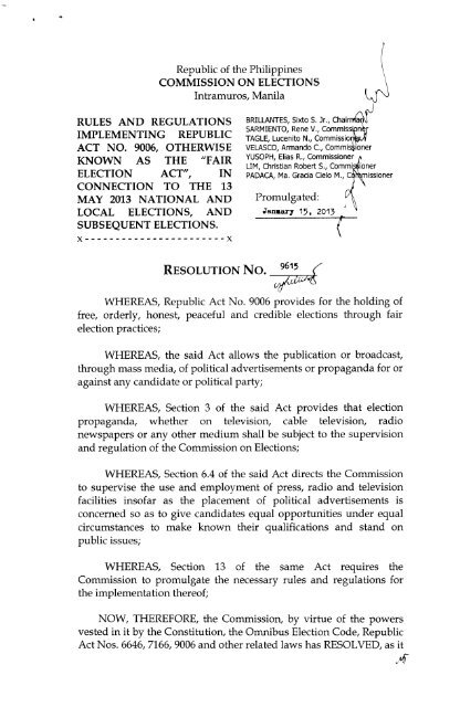 COMELEC Resolution No. 9615 - PNP Directorate for Operations