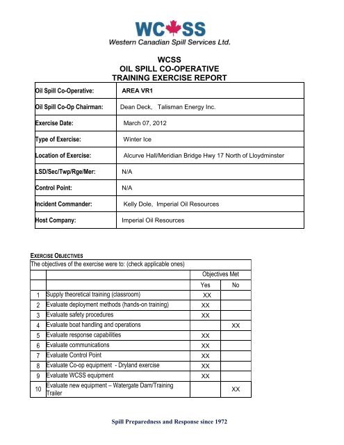 WCSS OIL SPILL CO-OPERATIVE TRAINING EXERCISE REPORT
