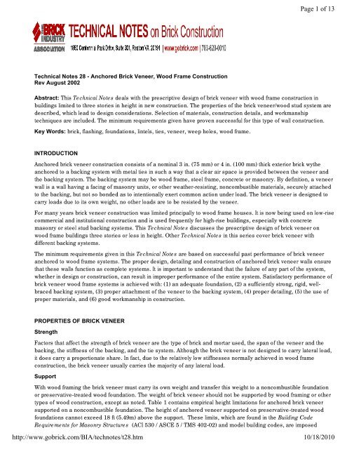 Tech Note 28 Anchored Brick Veneer Wood Frame Construction