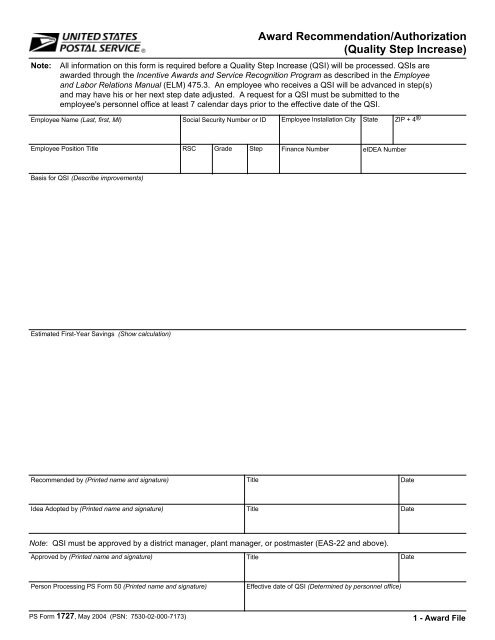 PS Form 1727, Award Recommendataion/Authorization (Quality ...