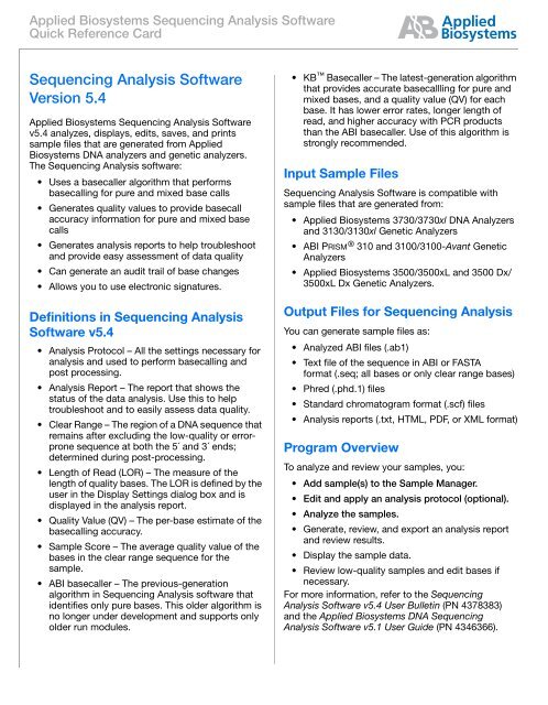 Sequencing Analysis Software Version 5.4 Quick Reference Card ...