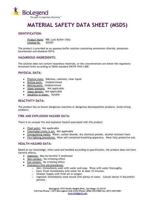 Cat. #420301 -- Red Blood Cell Lysis buffer - BioLegend
