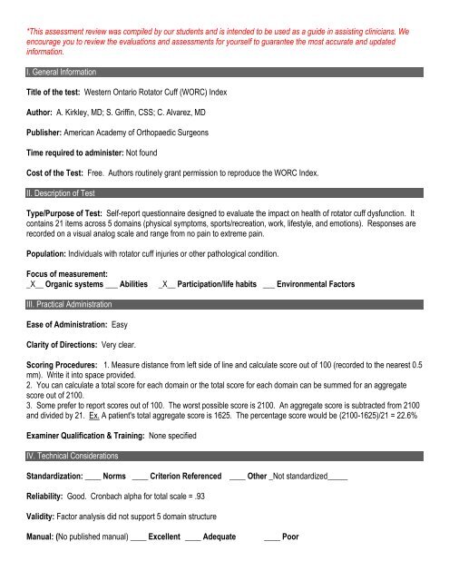 Western Ontario Rotator Cuff Index (WORC)