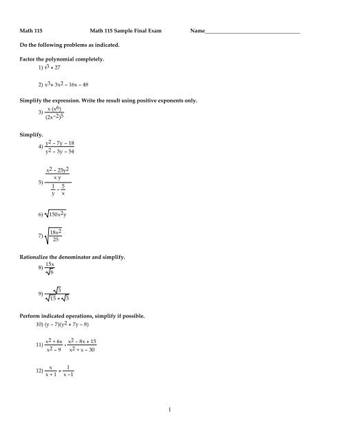 Math 115 Math 115 Sample Final Exam ... - LAVC Math Department