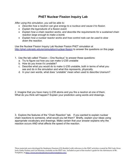 PhET Nuclear Fission Inquiry Lab