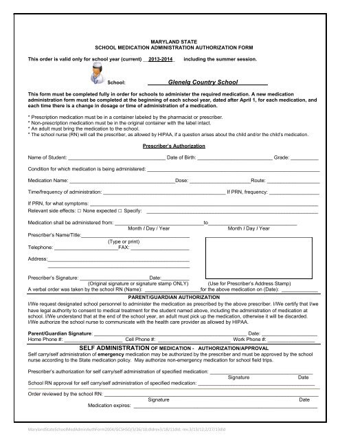 Maryland State School Medication Administration Authorization Form