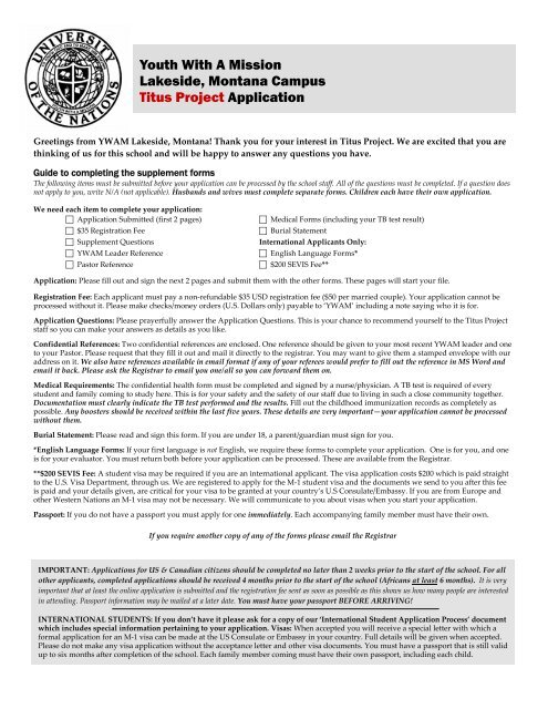 Titus Project Application - YWAM Lakeside Montana