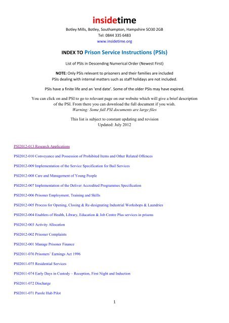Prison Service Instructions (PSIs) - Inside Time