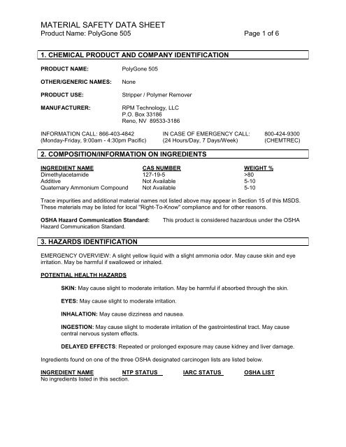 MSDS for PolyGone 505 - RPM Technology, LLC
