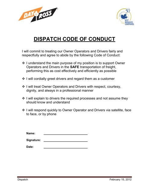 DISPATCH CODE OF CONDUCT - Day & Ross