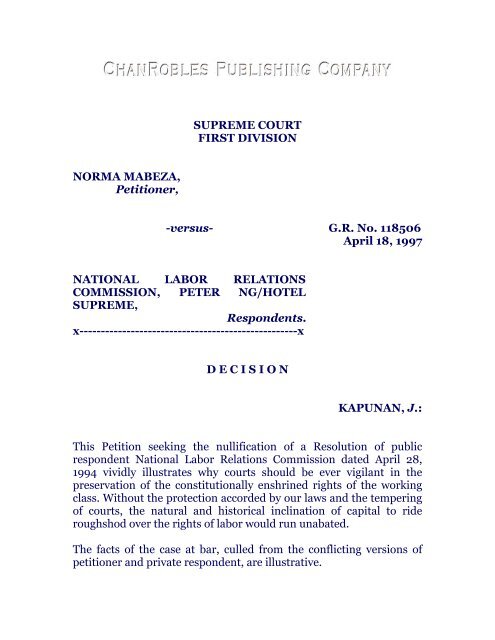 Mabeza vs. NLRC G. R. No. 118506, April 18, 1997, 271 SCRA 670