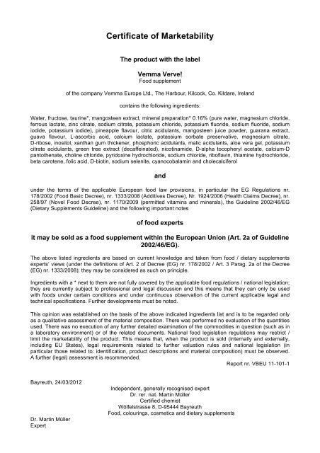 Certificate of Marketability - Vemma Europe