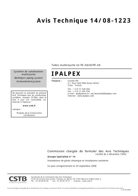 Avis Technique 14/08-1223 IPALPEX