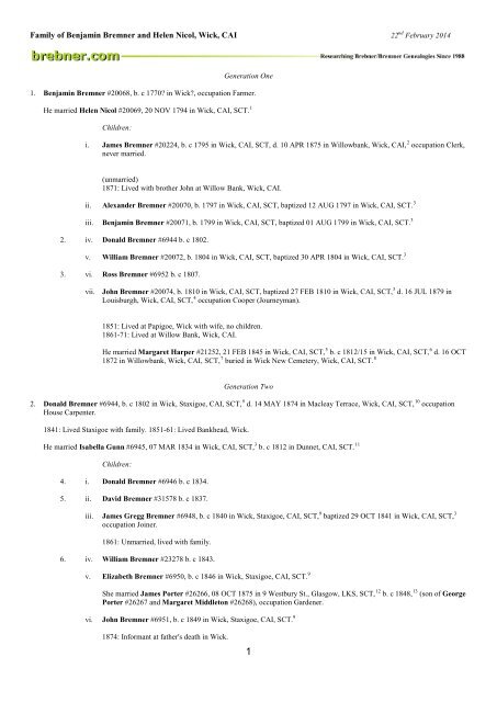 Family of Benjamin Bremner and Helen Nicol, Wick, CAI - Brebner ...