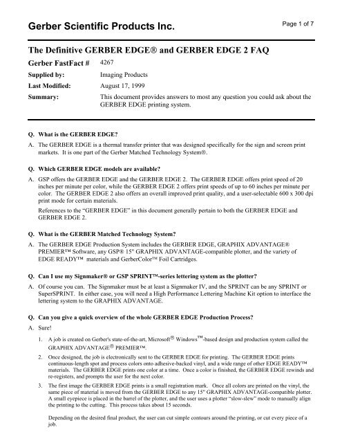 Gerber Scientific Products Inc.