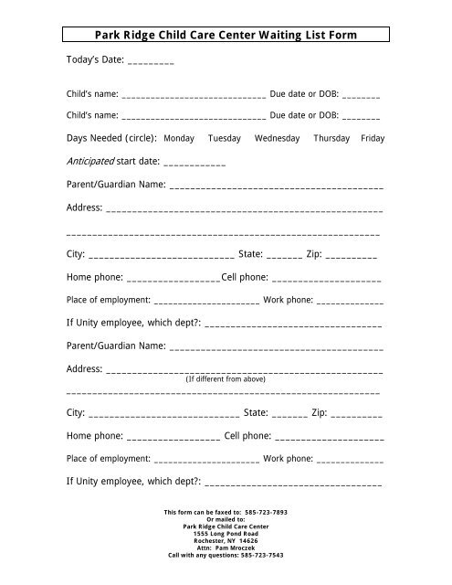 Park Ridge Child Care Center Waiting List Form - Unity Health System