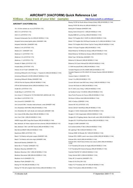 AIRCRAFT (VACFORM) Quick Reference List - Suisoft
