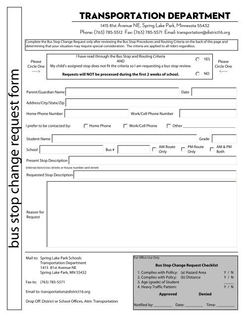 bus stop change request form - Spring Lake Park Schools