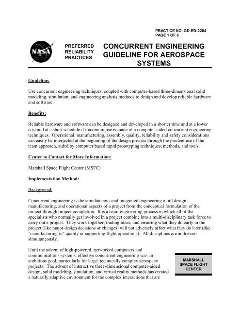 concurrent engineering guideline for aerospace systems