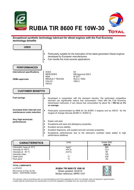 Download the product's technical sheet - Total Lubrifiants Fuel ...