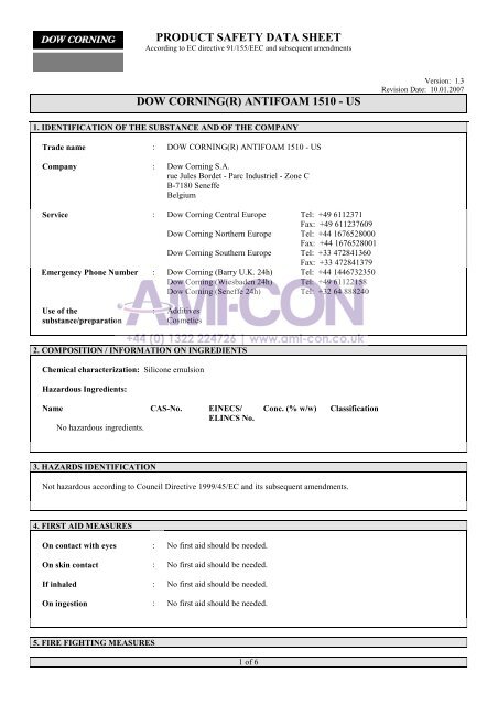 product safety data sheet dow corning(r) antifoam 1510 ... - AMI-CON