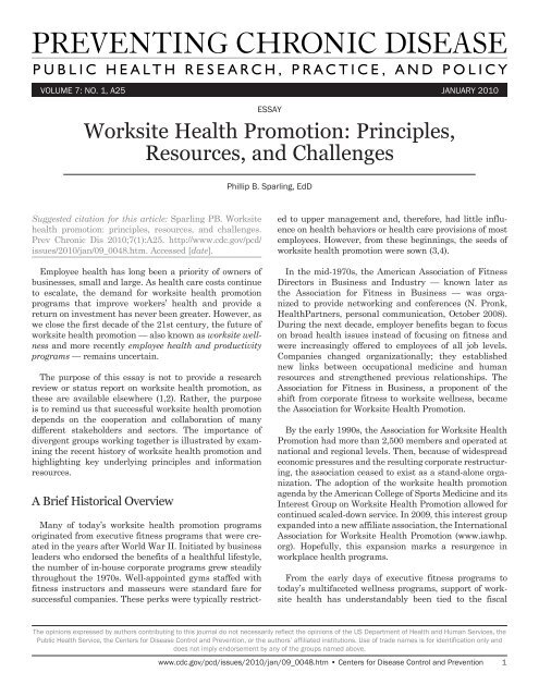Worksite Health Promotion: Principles, Resources, and Challenges