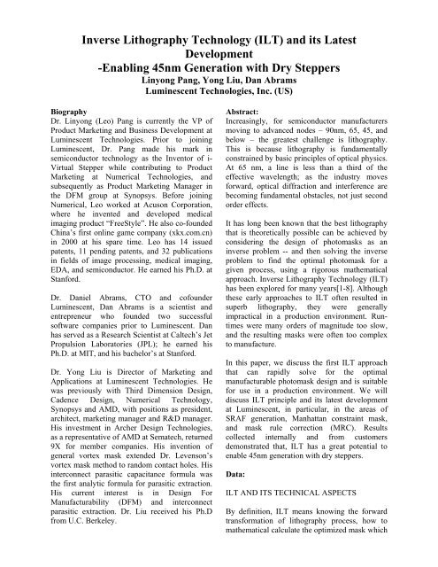 Inverse Lithography Technology (ILT) and its Latest Development ...