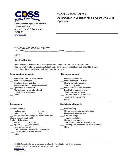 Accommodation Checklist for a Student with Down syndrome